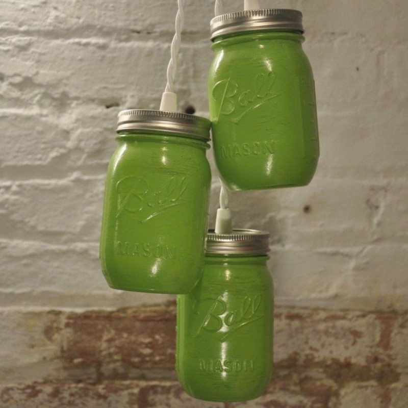 Candelabro Lampara Vintage Industrial Cluster 3 Mason Jars Verde