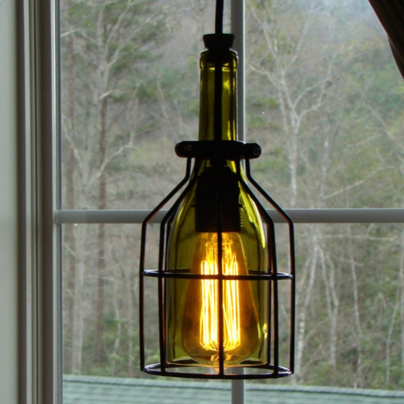 Lámpara Botella Con Jaula Artesanal Hecha a Mano Cristal Cortado Retro